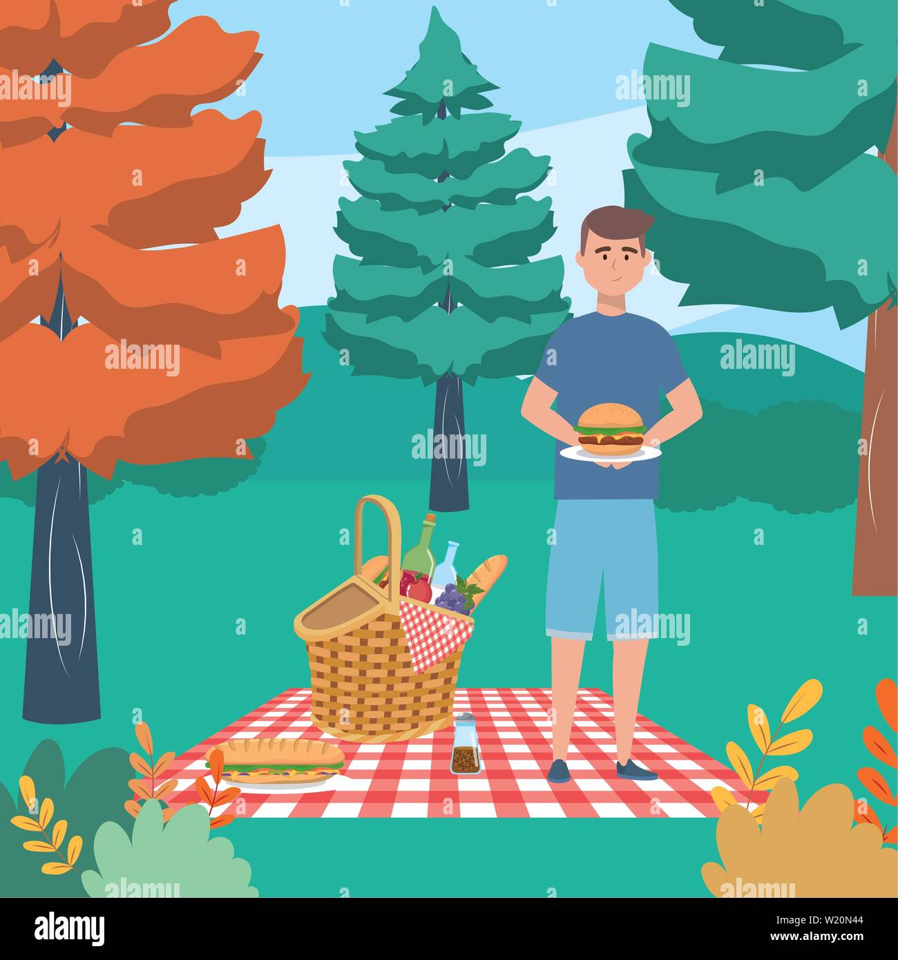 Man cartoon having picnic design, Food summer outdoor leisure healthy ...