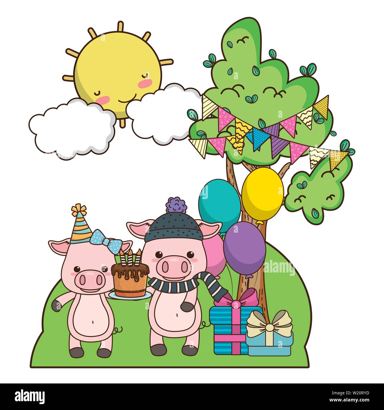 Pigs cartoons design, Animal happy birthday celebration decoration and ...