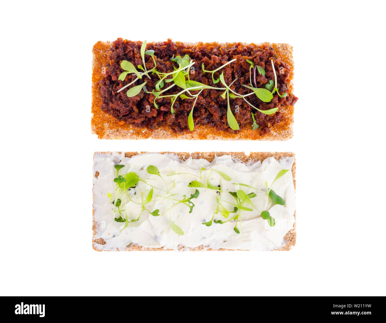 Healthy food. Rye crisps with young green sprouts Stock Photo - Alamy