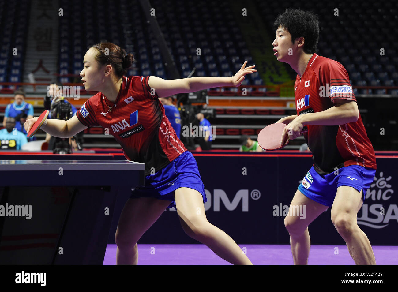 Busan, South Korea. 5th July, 2019. Jun Mizutani (JPN), Mima Ito (JPN ...