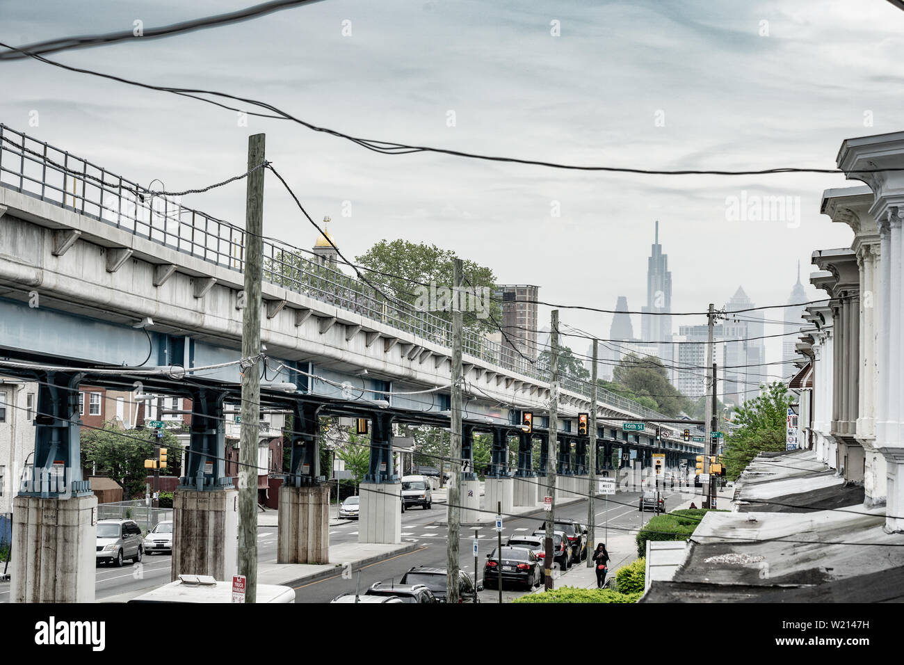 Philadelphia skyline seen from west Philadelphia down Market street ...