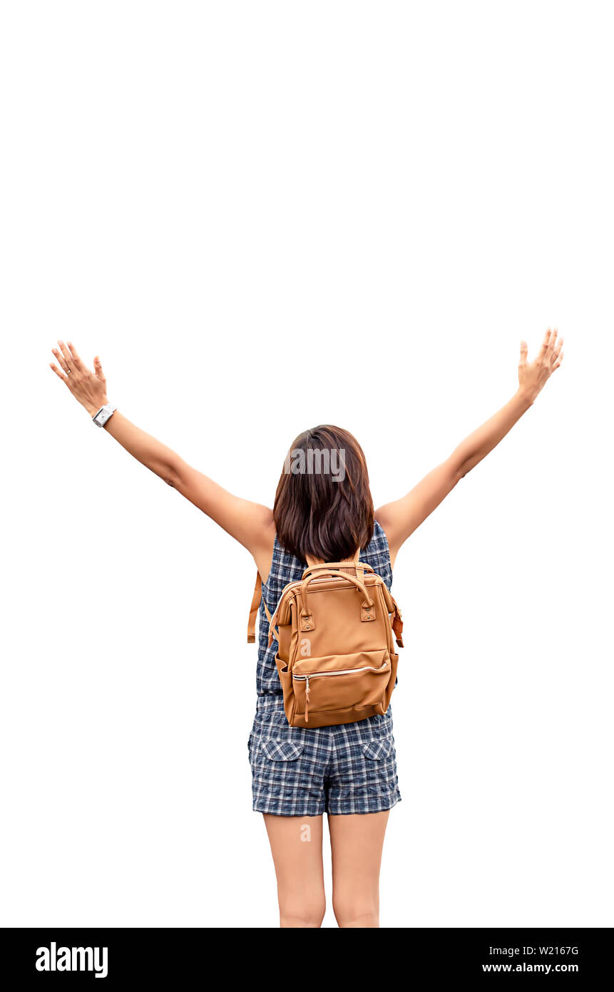 Women raise their arms and shoulder backpack on a white background with ...