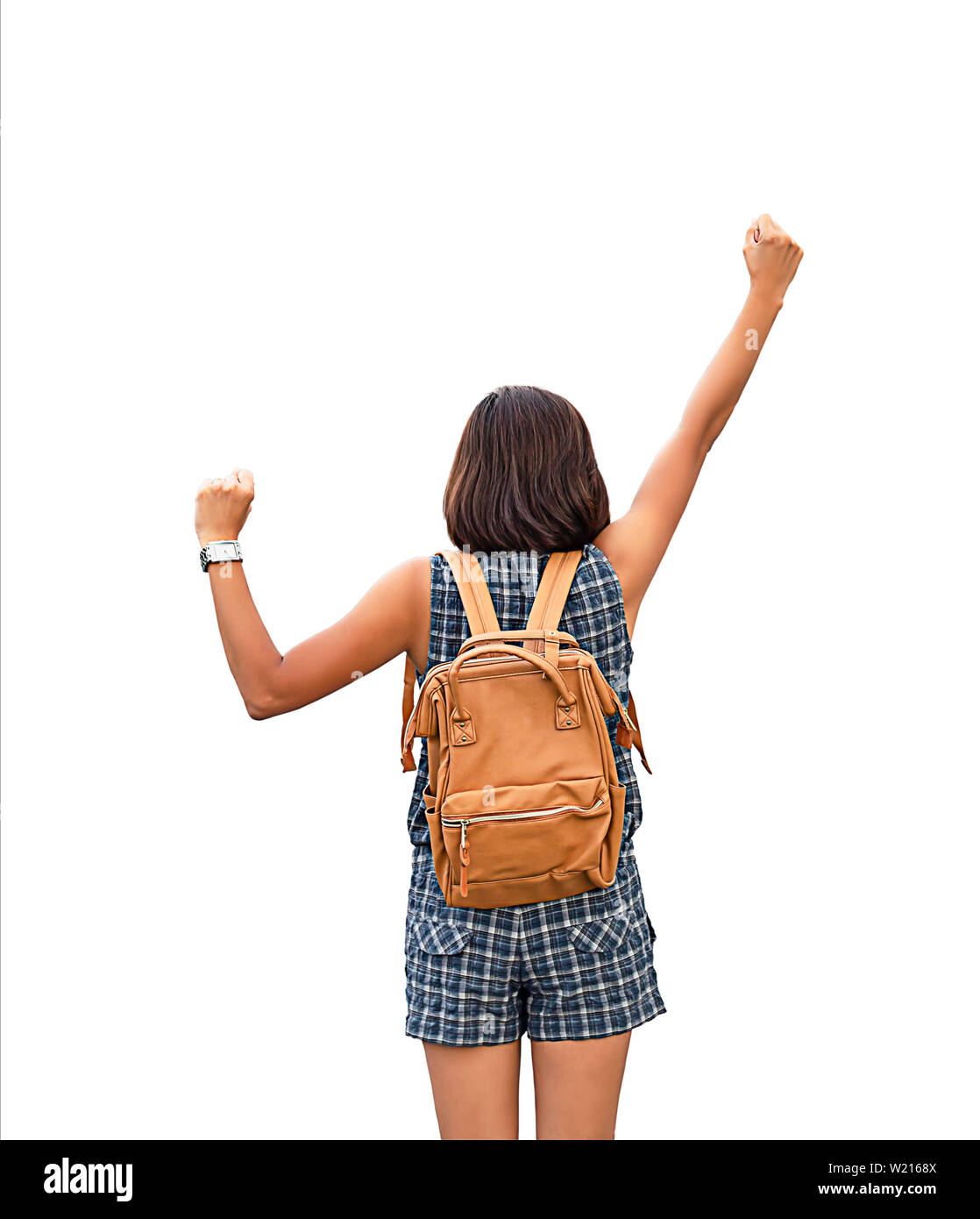 The image behind the woman raise their arms and shoulder backpack on a ...