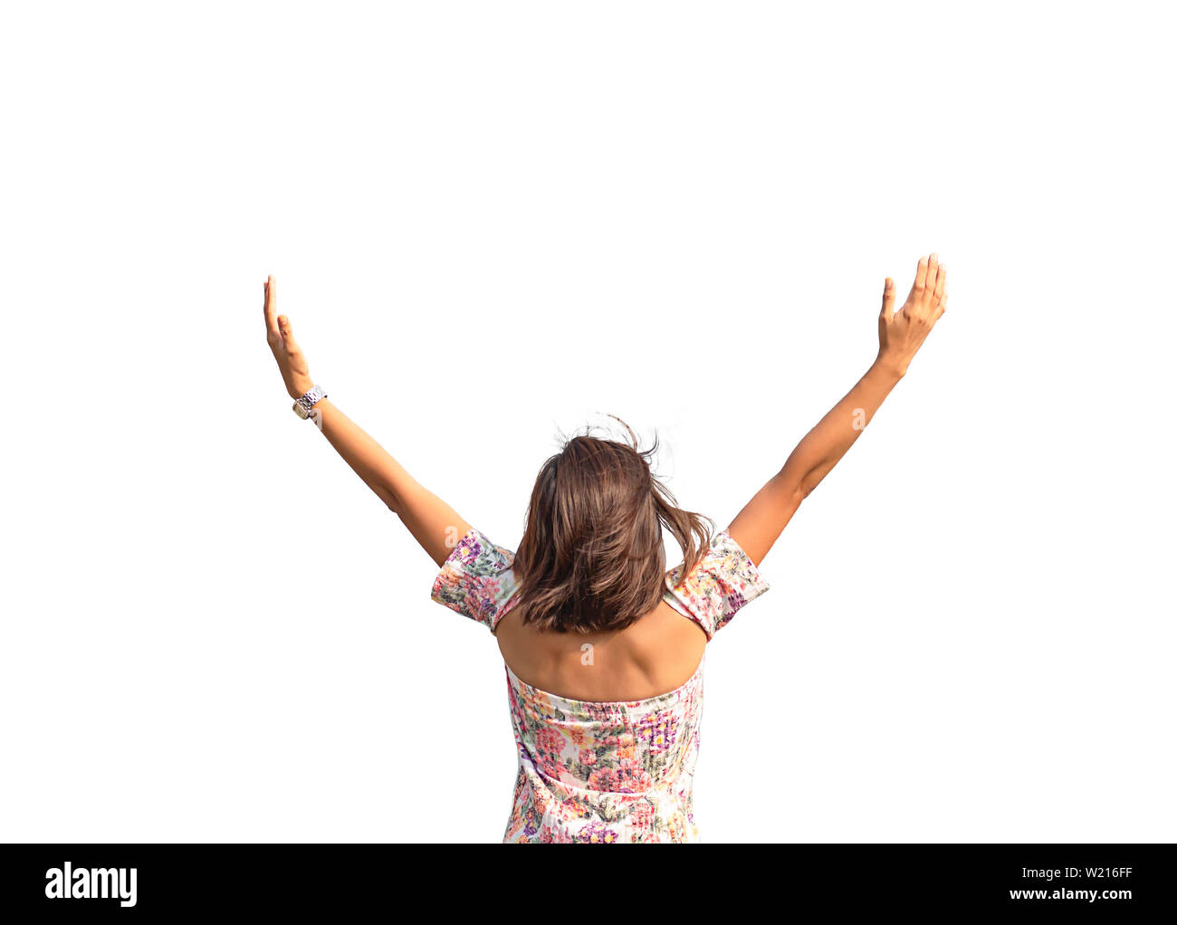 The image behind the woman raise their arms on a white background with ...