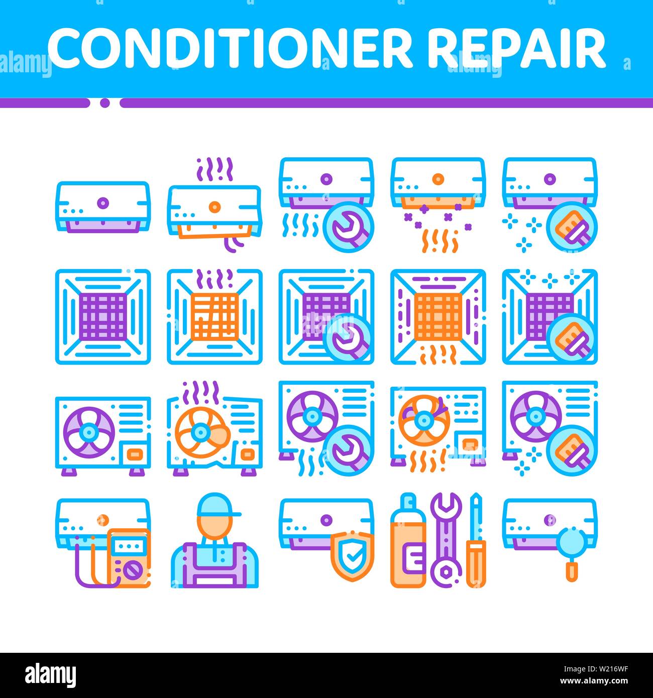 Conditioner Repair Vector Thin Line Icons Set Stock Vector Image & Art ...