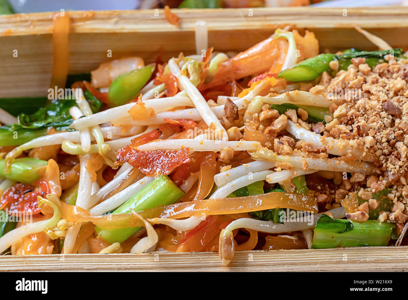 Fried noodle with spring onion and bean sprouts in bamboo Stock Photo ...