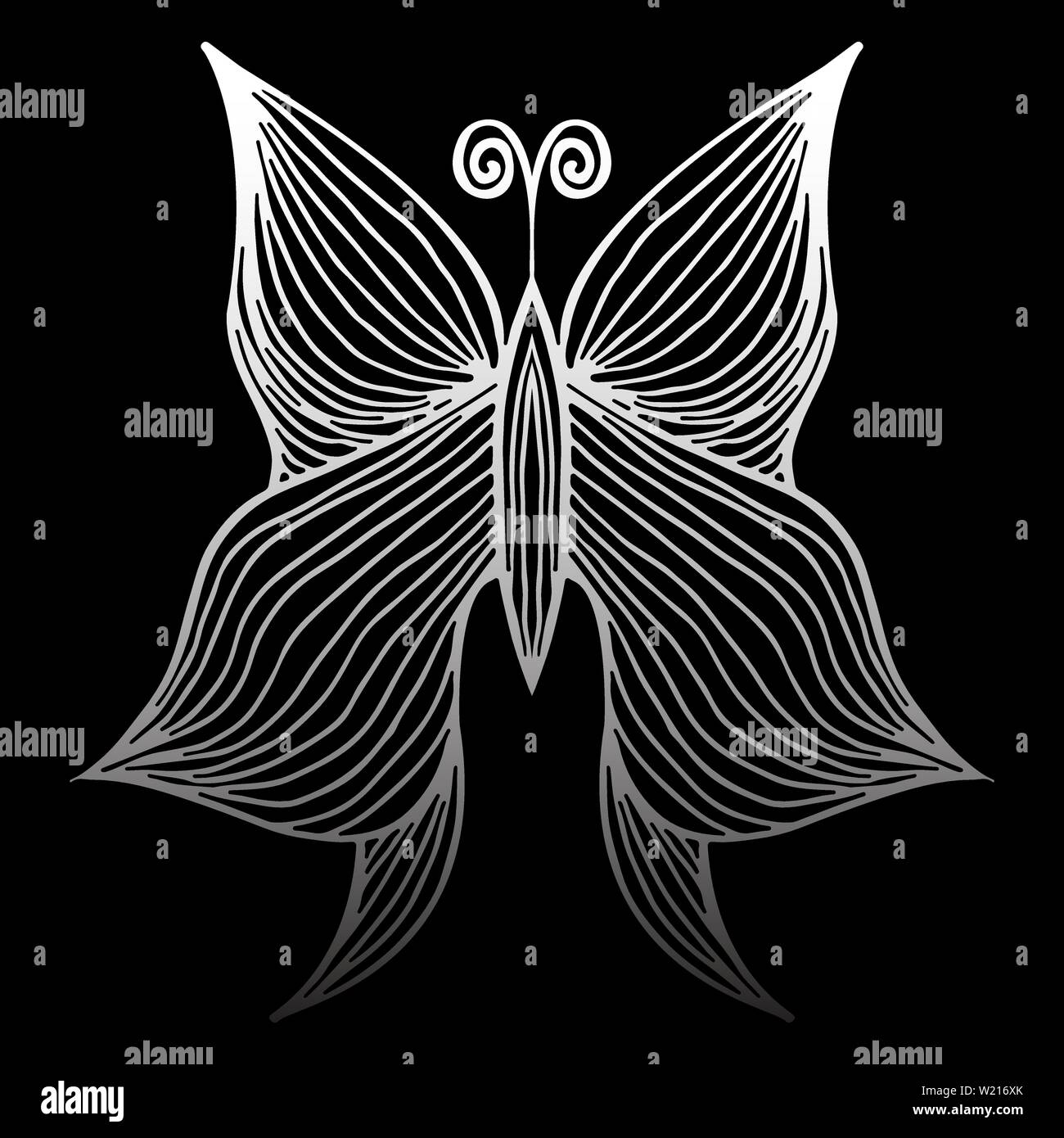 Abstract vector illustration of hand drawn butterfly isolated on black ...