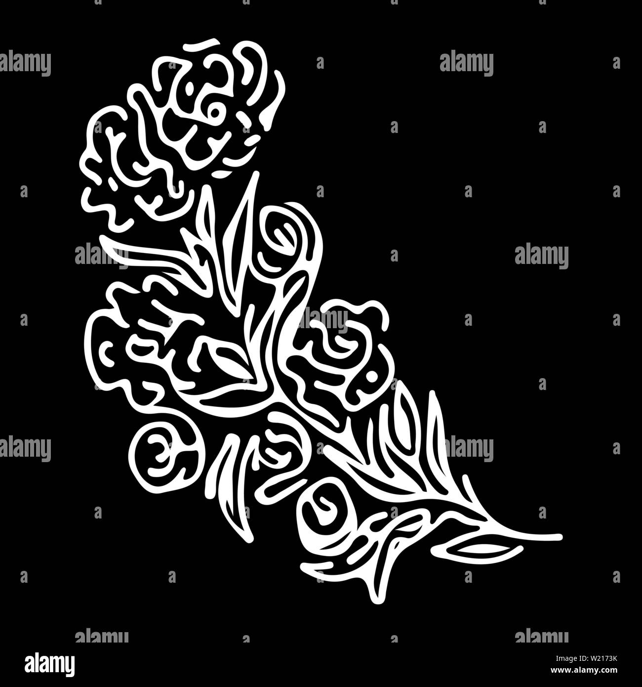 Abstract hand drawn rose flowers isolated on black background. Peonies ...