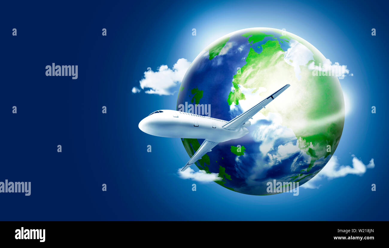 Airplane fly around the world on the sky. Traveling concept Stock Photo ...
