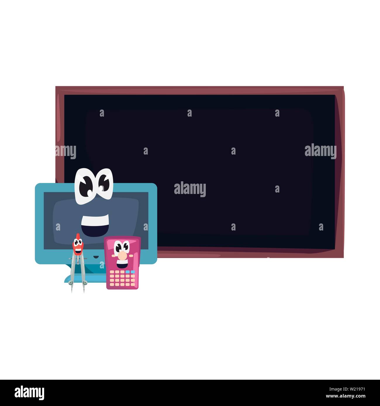 computer chalkboard calculator compass cartoon back to school flat ...