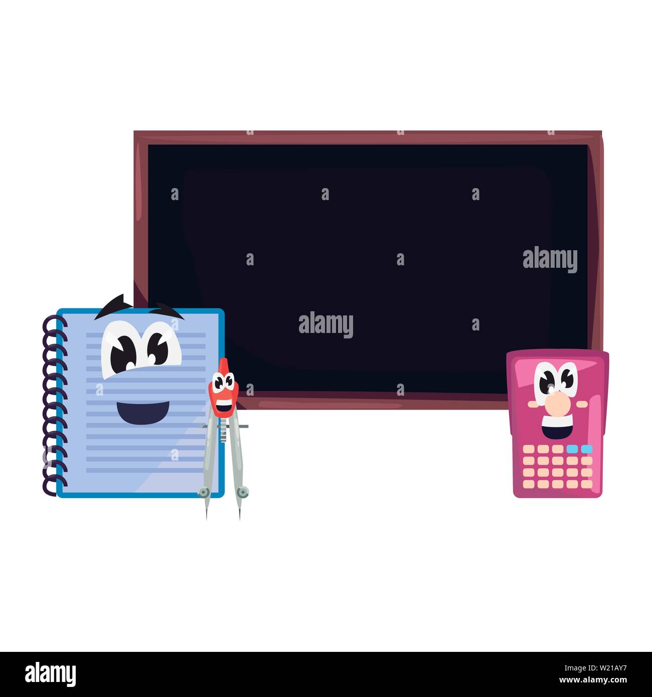 chalkboard notebook calculator compass cartoon back to school flat ...
