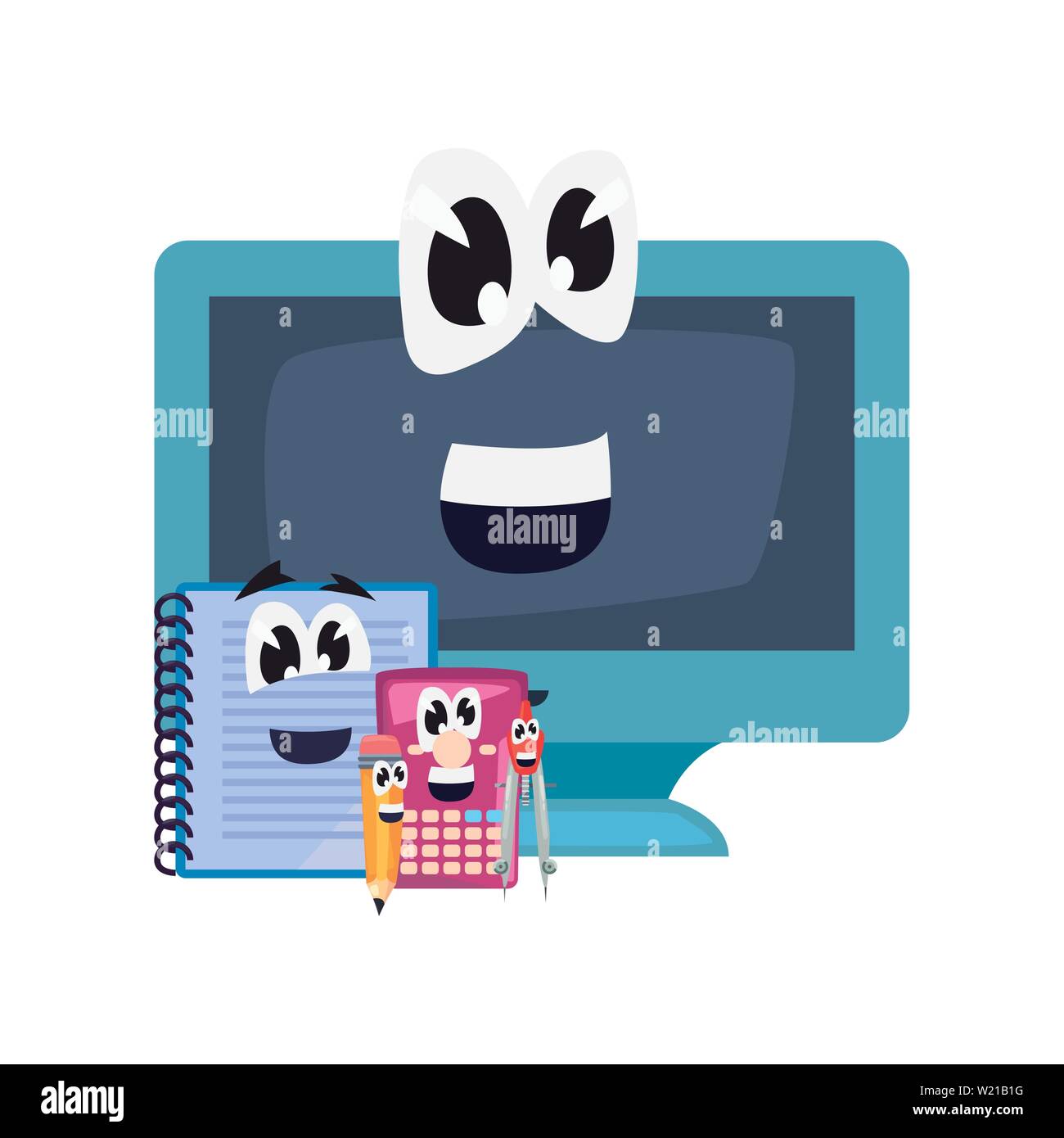 computer calculator notebook compass pencil cartoon back to school flat ...