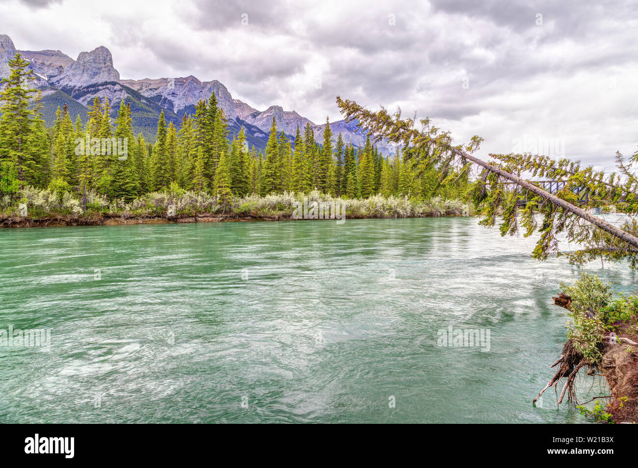Canmore's Bow River Loop Trail with the 12-km long massif rock front of ...