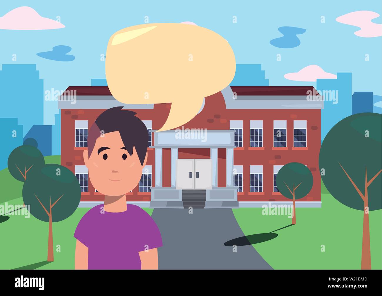 smiling boy student front school building vector illustration Stock ...