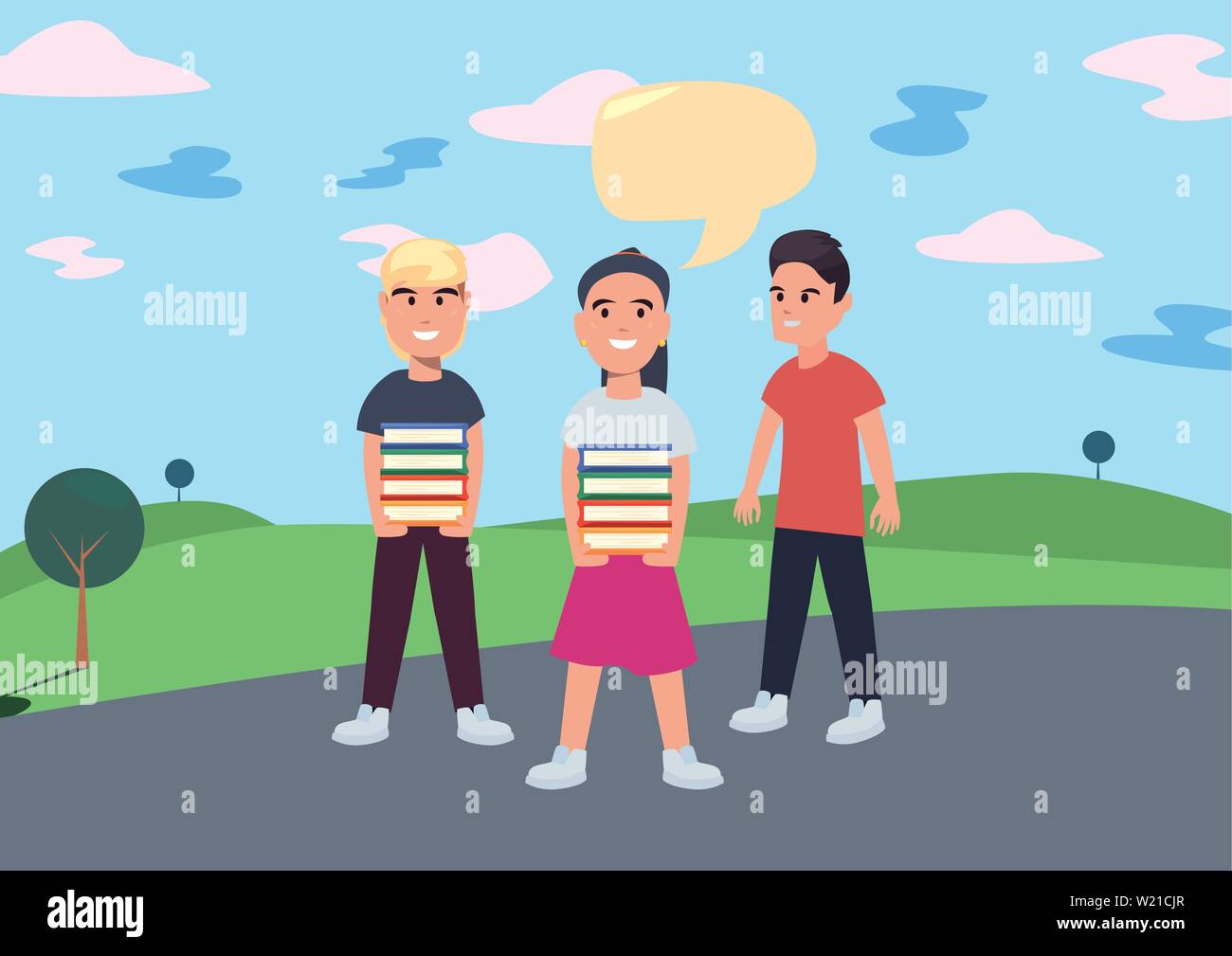 boys and girl with books talk bubble back to school vector illustration ...