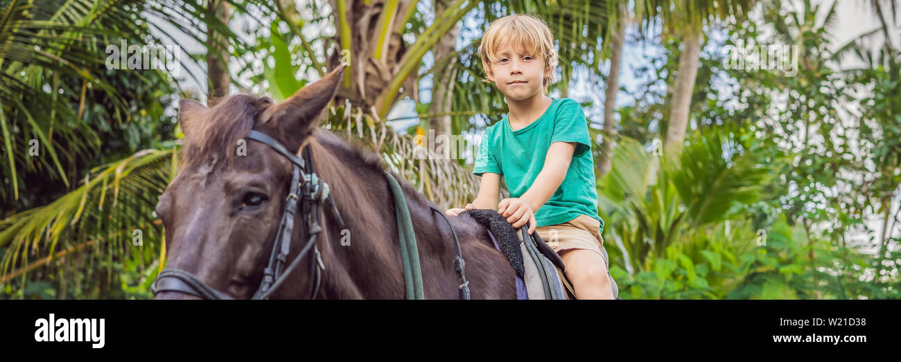 Boy horseback riding, performing exercises on horseback BANNER, LONG ...