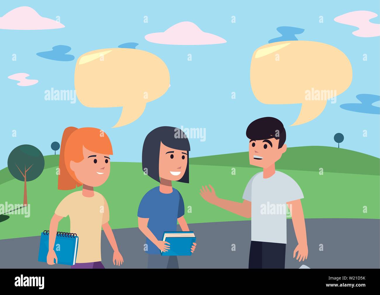 girls and boy with book talk bubble back to school vector illustration ...