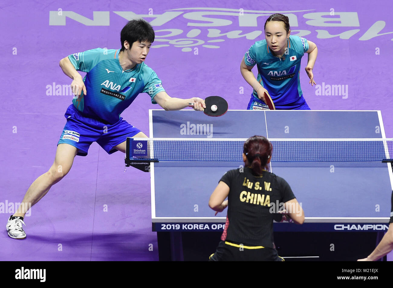 Busan, South Korea. 5th July, 2019. Jun Mizutani (JPN), Mima Ito (JPN ...