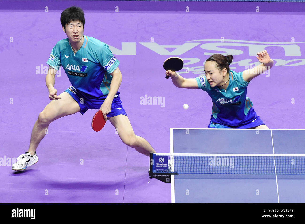 Busan, South Korea. 5th July, 2019. Jun Mizutani (JPN), Mima Ito (JPN ...