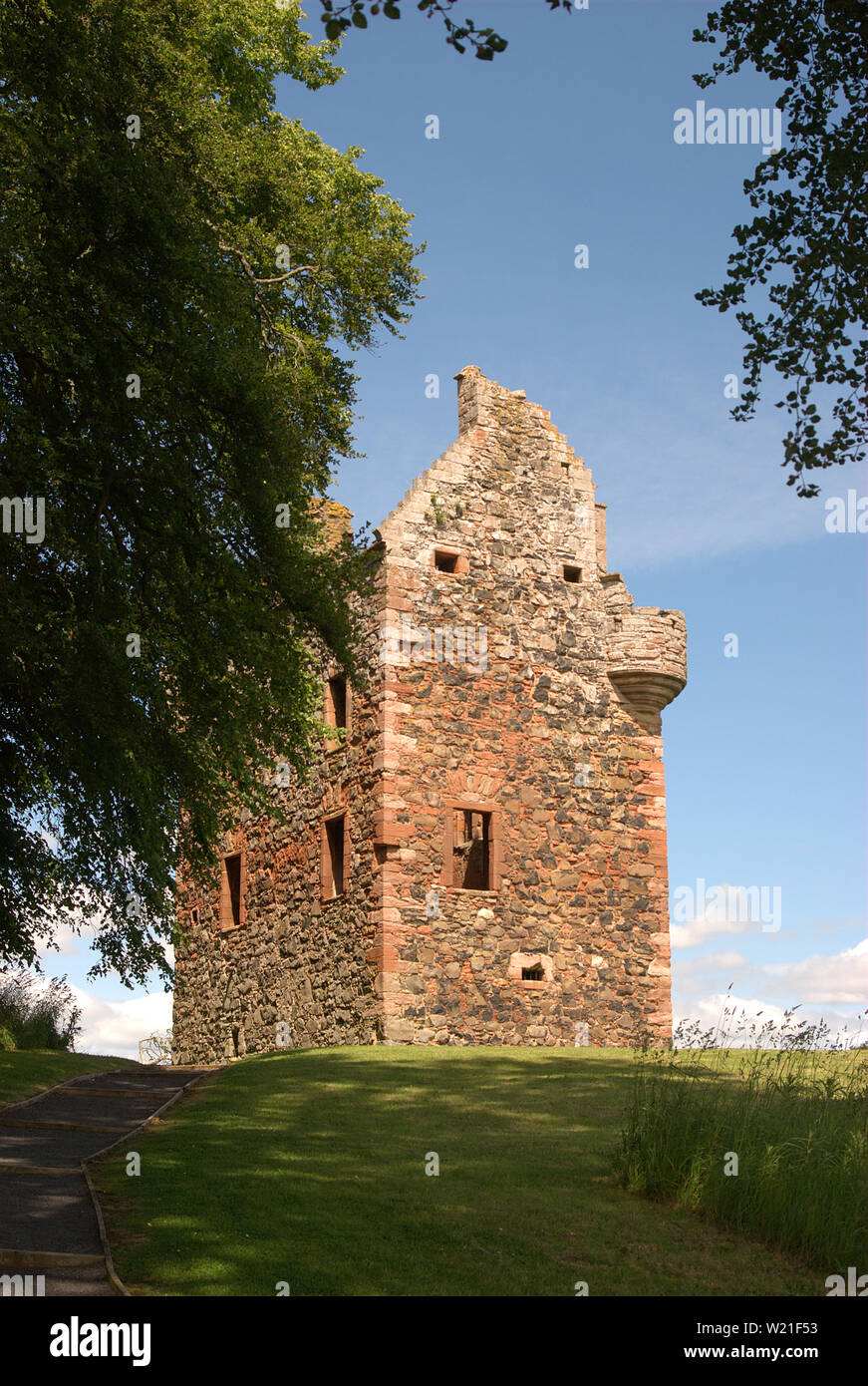 Greenknowe tower ruin standing on small hill in Scottish Borders Stock ...