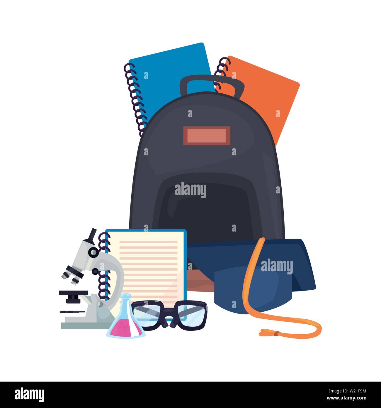 backpack notebooks graduation hat microscope flaks glasses back to school flat design vector ...