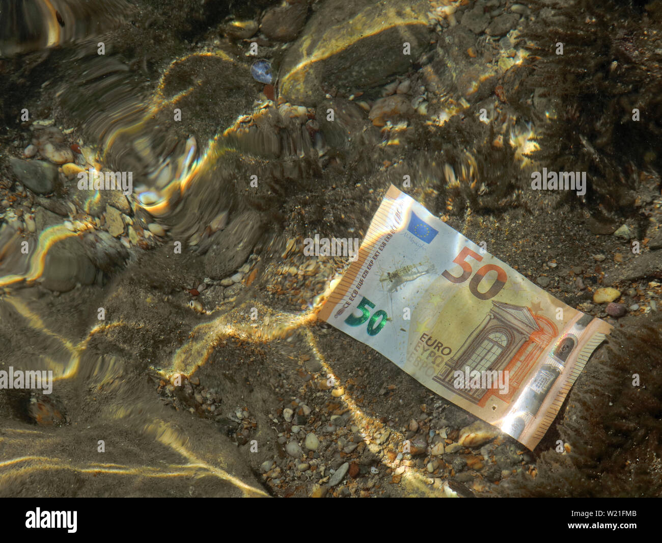 close up of fifty euro banknote on sea bottom with reflections, money ...
