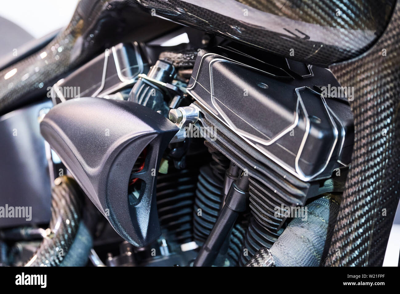 The powerful engine of a modern motorcycle closeup. The layout of the ...