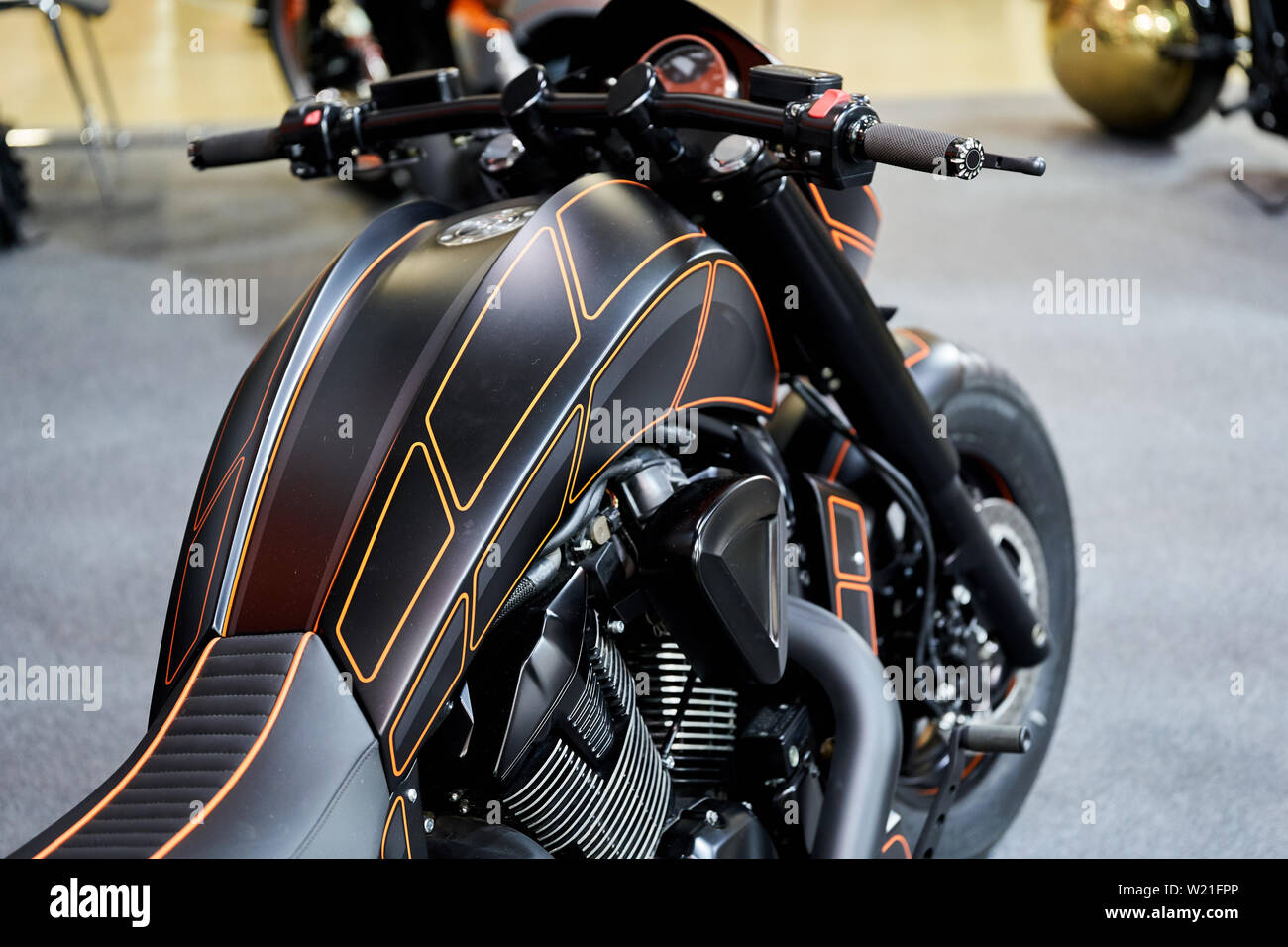 The powerful engine of a modern motorcycle closeup. The layout of the ...