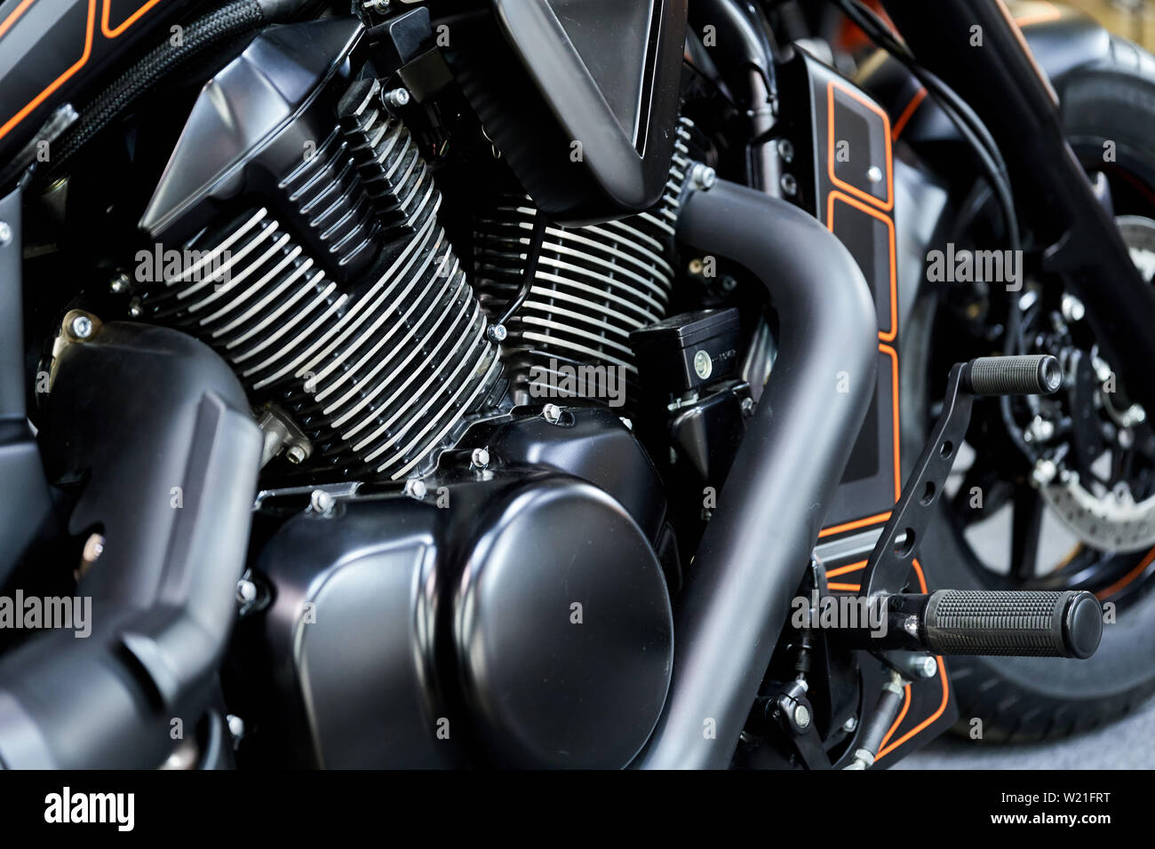 The powerful engine of a modern motorcycle closeup. The layout of the ...