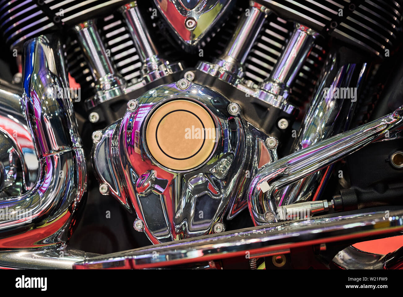 The powerful engine of a modern motorcycle closeup. The layout of the ...