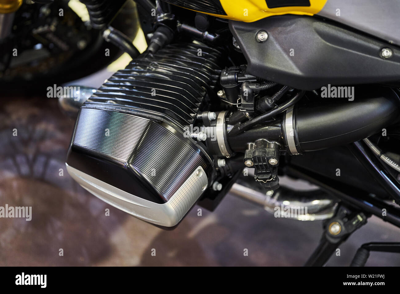 The powerful engine of a modern motorcycle closeup. The layout of the ...