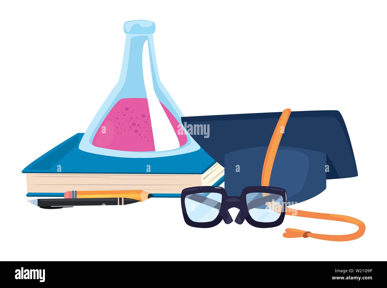 graduation hat chemistry flask glasses pen back to school flat design ...