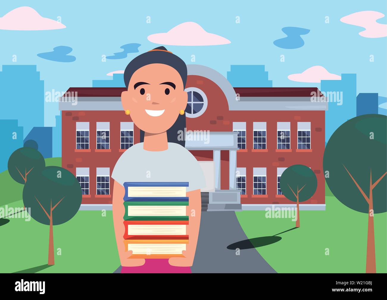 Happy child with books school building Stock Vector Images - Alamy