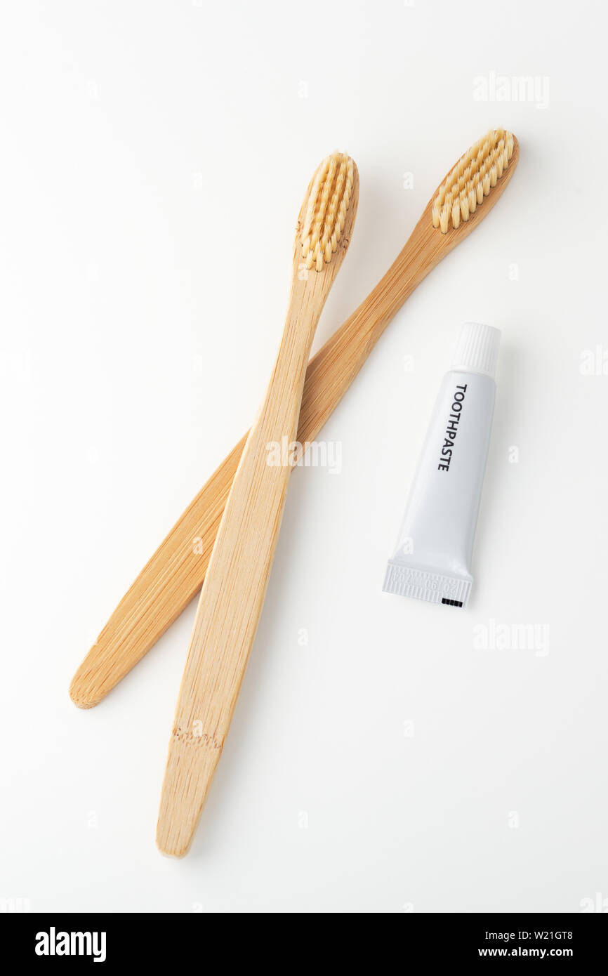 Toothbrushes with toothpaste, travel size, on white background Stock ...
