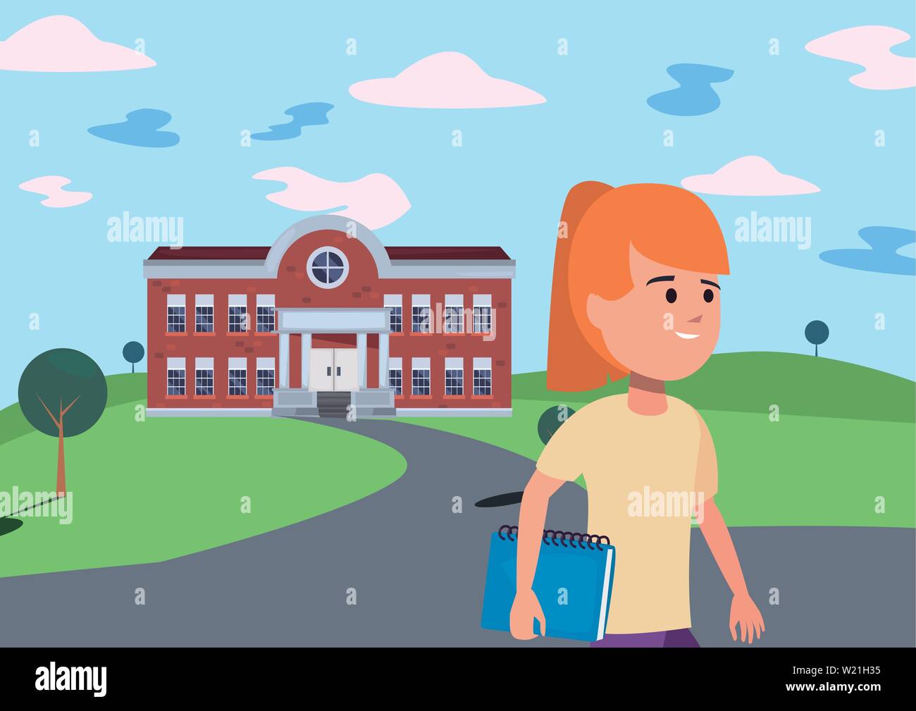 girl student with book front school building vector illustration Stock ...