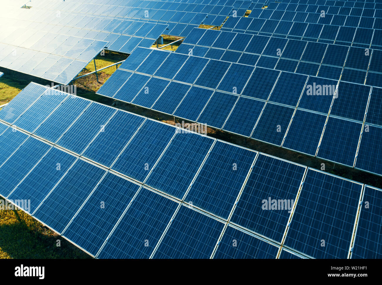 Aerial close-up view of Solar Panels Farm with sunlight. Renewable ...