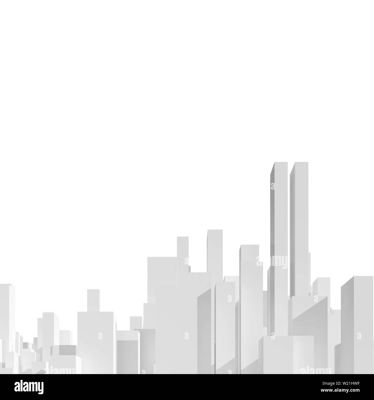 Abstract white city skyline isolated on white background. Digital model ...