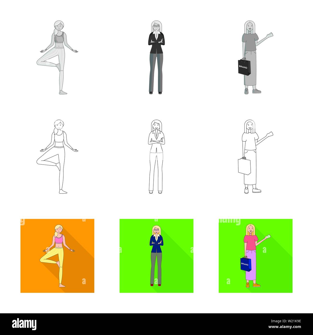 Vector illustration of posture and mood sign. Set of posture and female ...