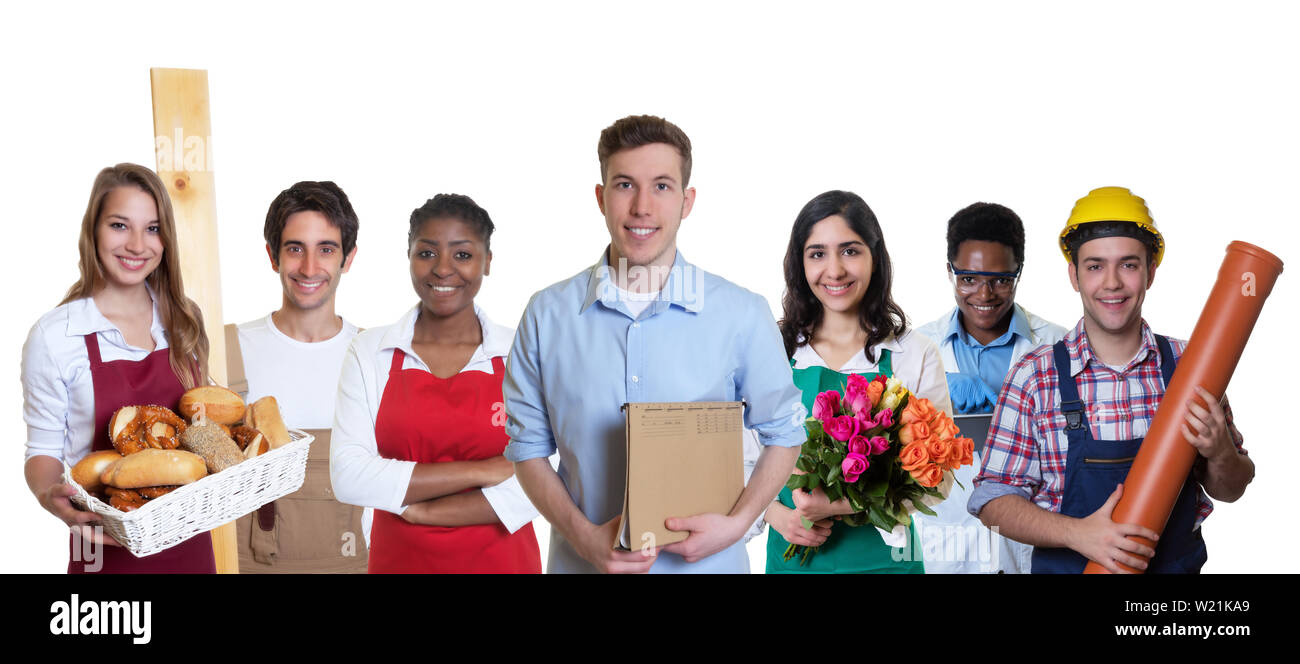 Male business trainee with group of apprentices Stock Photo - Alamy