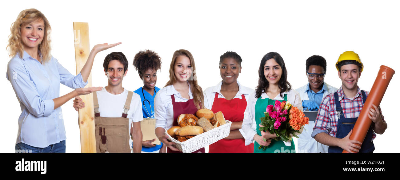 Female business trainee presenting group of other international ...