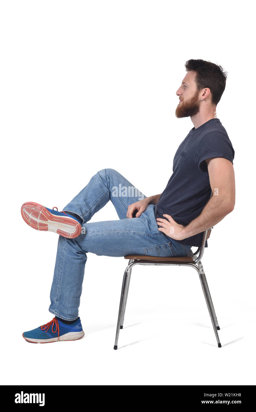 full portrait of a man sitting on a chair on white Stock Photo - Alamy