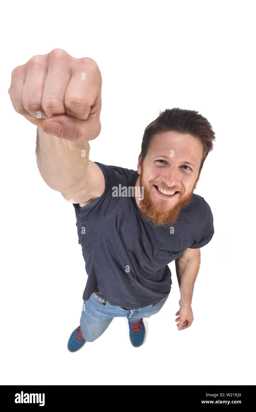 man with his fist raised on white Stock Photo - Alamy