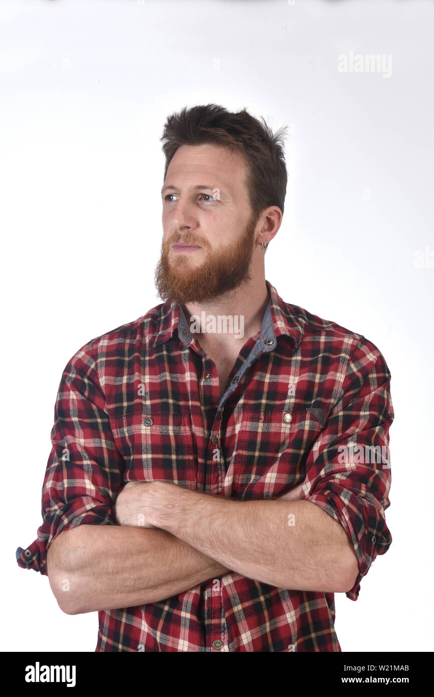 portrait of a man in plaid shirt on white background Stock Photo - Alamy