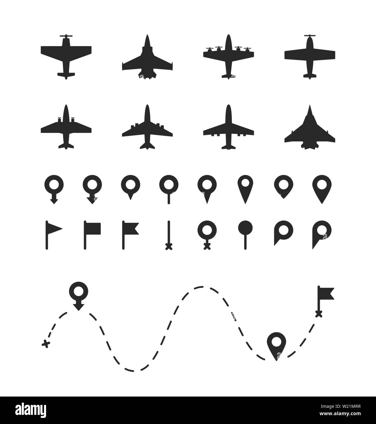 Set of airplane and pin symbols. Different types aircrafts and jet ...