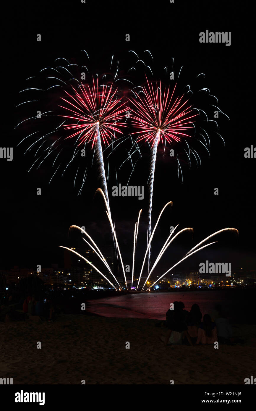 Beautiful firework in a small Spanish town Palamos, day of celebrating ...