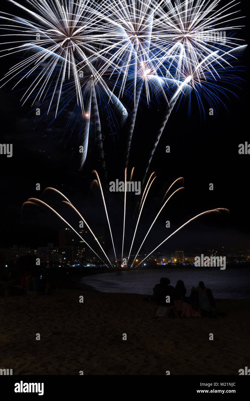 Beautiful firework in a small Spanish town Palamos, day of celebrating ...