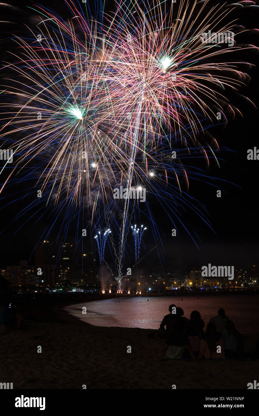 Beautiful firework in a small Spanish town Palamos, day of celebrating ...