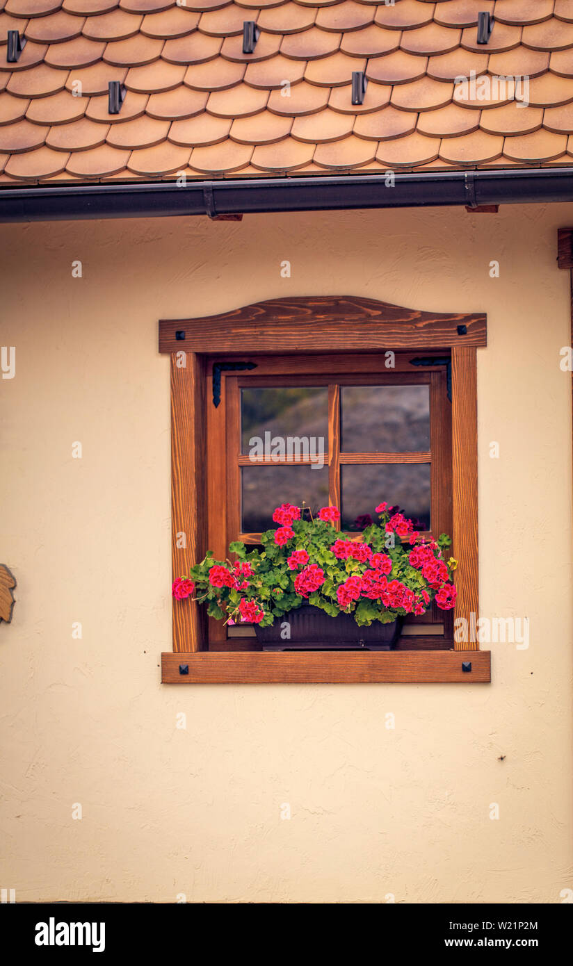 Old brown wooden window with flowers background Stock Photo - Alamy