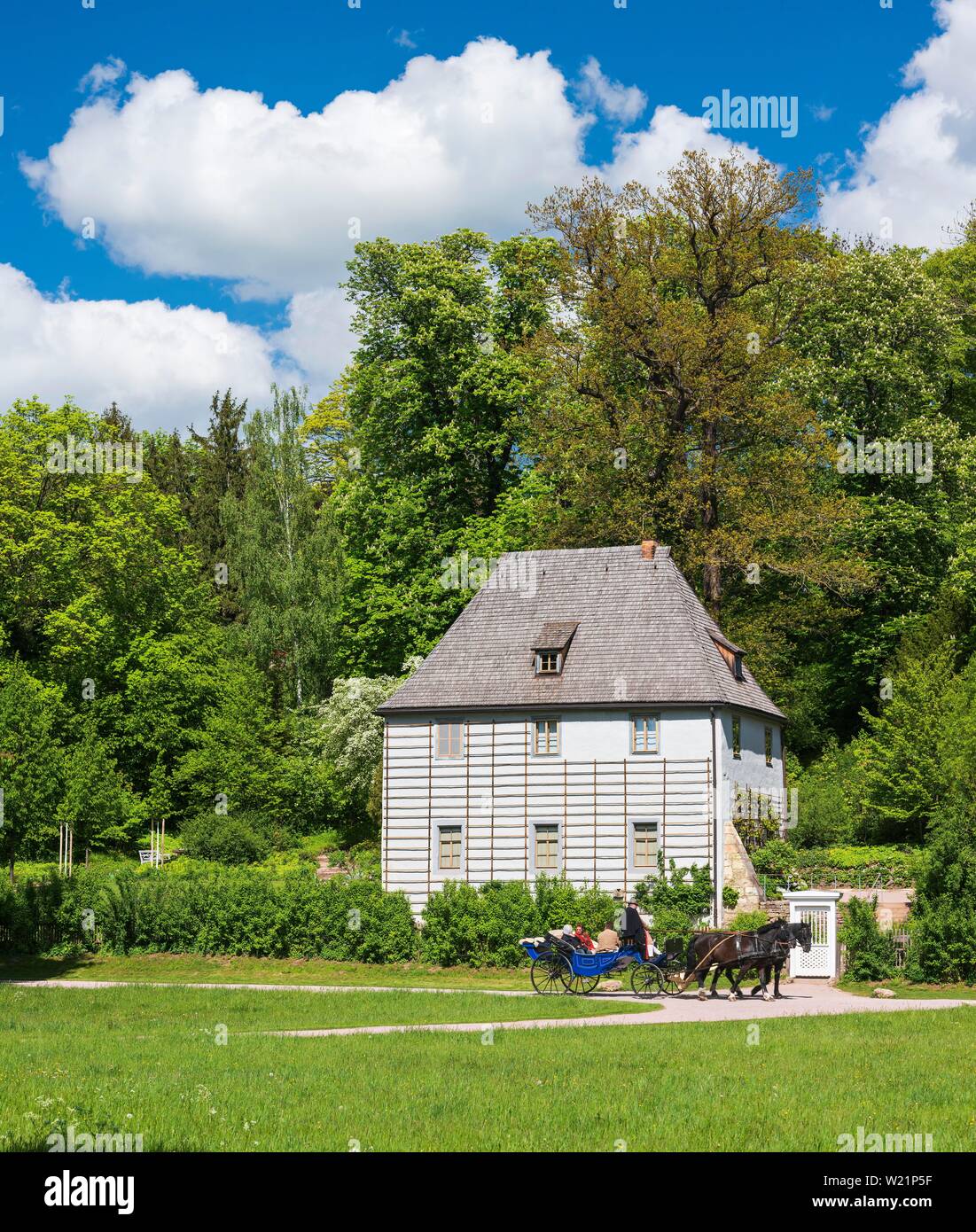 Goethe's Garden House in the Park an der Ilm, horse-drawn carriage with ...