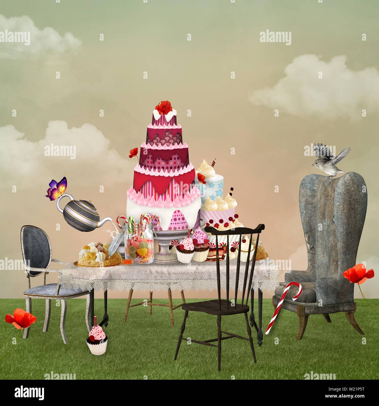 Surreal cakes buffet in a countryside scenery Stock Photo - Alamy